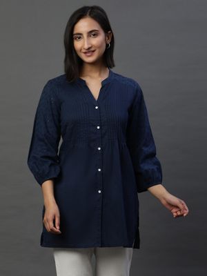 Buy Aurelia Navy Schiffli Short Kurti with Pintucks (L) Online