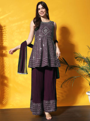 Buy Chhabra 555 Burgundy Embroidered Kurti with Palazzo and Dupatta ...