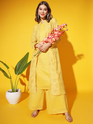 Buy Chhabra 555 Yellow Printed Embroidered Kurta with Palazzo and ...