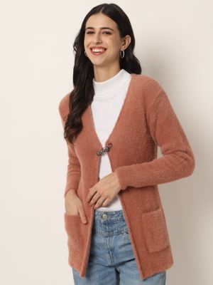 Buy BROOWL Women Rust Solid Round Neck One Button Shrug Online