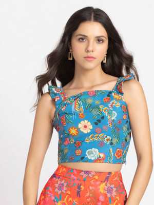 Buy SHAYE Square Neck Blue Floral Print Sleeveless Casual Crop Top for ...