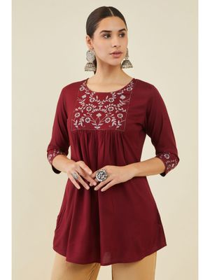 Buy Soch Women Maroon Rayon Embroidered Tunic Online