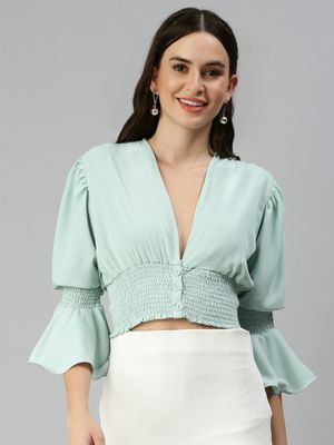 Buy SHOWOFF Women Plunging Neck Solid Sea Green Crop Top Online