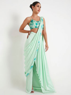 Buy Disha Kahai Green Isabelle Pre-Draped Saree with Stitched (XXS) Online