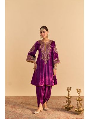 Buy Sheetal Batra Eira Purple Velvet Embroidered Kurta With Dhoti (3XL ...