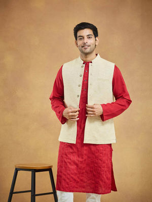 Buy Fabindia Men Beige Cotton Woven Nehru Jacket (XS) Online