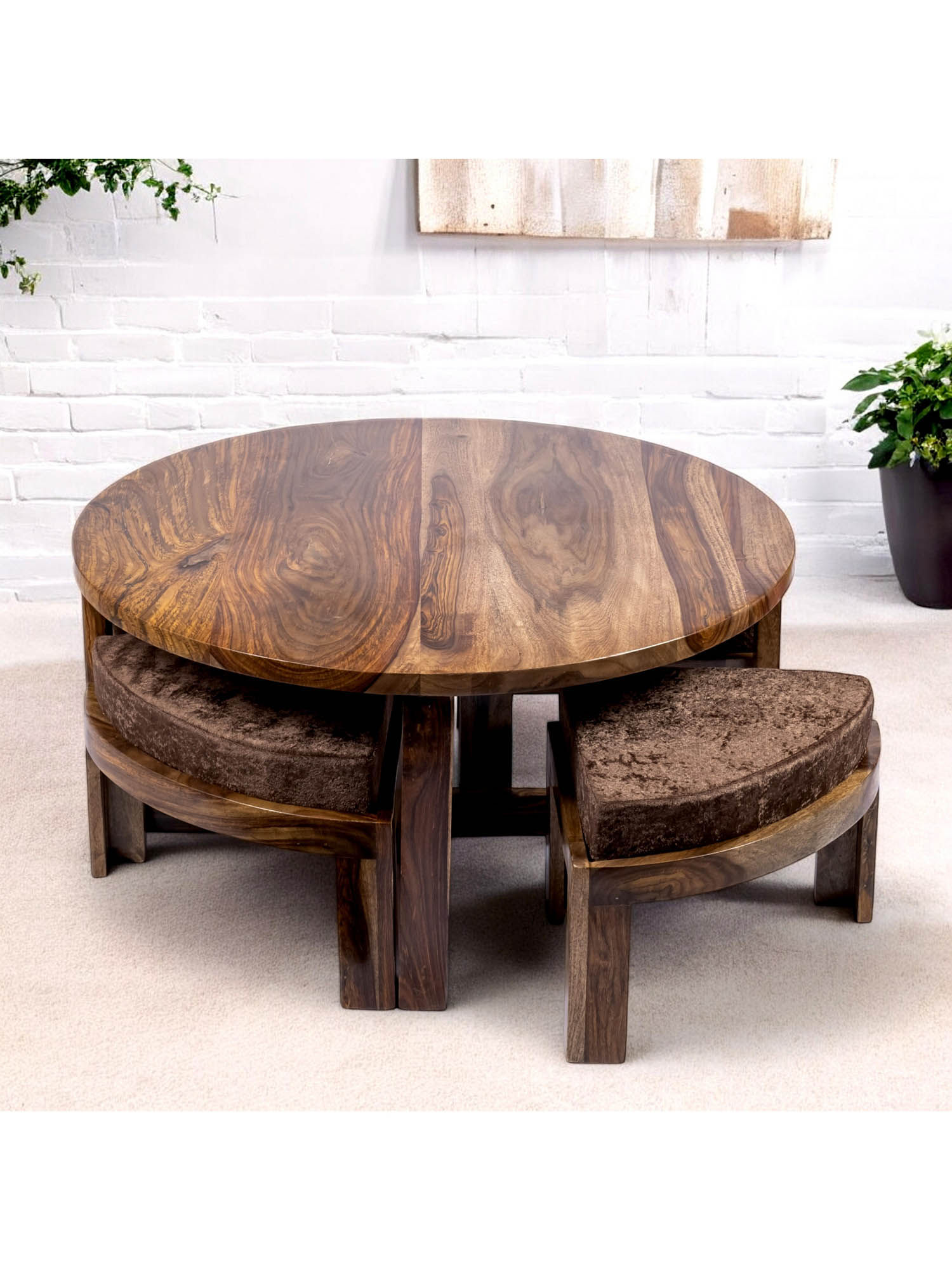 Buy Ikiriya Nashville Sheesham Wood Coffee Table with 4 Stools Set Teak Finish Brown Sparkle Cushions Online