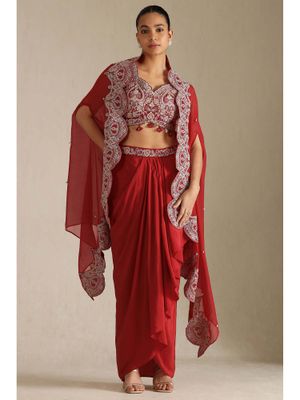Buy Soch Women Red Embroidered Crop Top with Skirt and Cape (Set of 3 ...