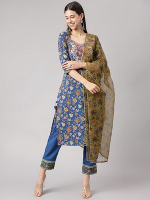 Buy Divena Blue Floral Printed Kurta Pant with Dupatta (Set of 3) Online