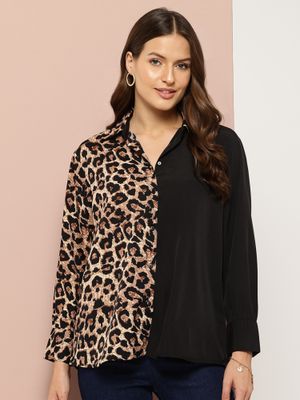 Buy Qurvii Half Leopard Print and Half Solid Black Shirt (XXS) Online