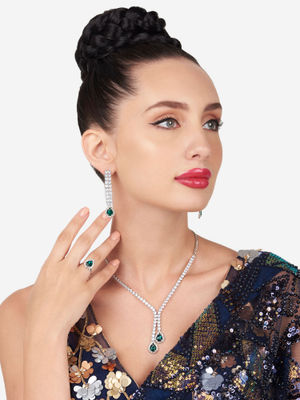 Buy Zaveri Pearls Green Austrian Diamonds Lariat Necklace Earring and ...