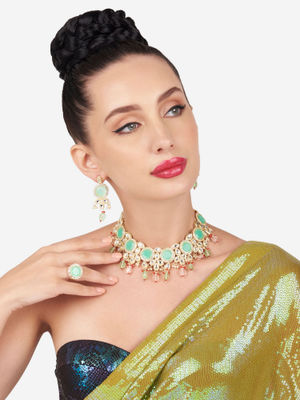 Buy Zaveri Pearls Multicolor Stones Kundan Choker Necklace Earring and ...