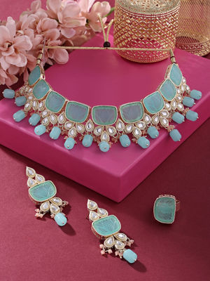 Buy Zaveri Pearls Mint Green Peach Green Kundan Choker Necklace Earring ...