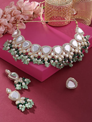 Buy Zaveri Pearls Green Cluster Drop Kundan Choker Necklace Earring and ...