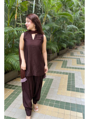 Buy RANGREZA ETHNIC Mocha Brown Farsi Kurta with Salwar & Dupatta (Set of 3) (XS) Online