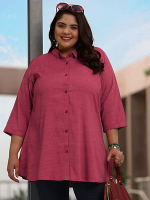 Buy Extra Love by Libas Woman Plus Size Coral Solid Front Open Shirt ...