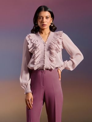 Buy RSVP by Nykaa Fashion Light Pink Solid V Neck Full Sleeves Ruffled ...