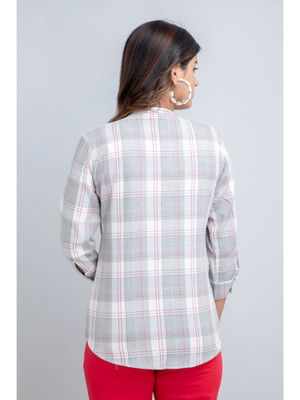 Buy Suti Women Shirt Top Yarn Dyed Chinese Collar with Button Work Grey ...