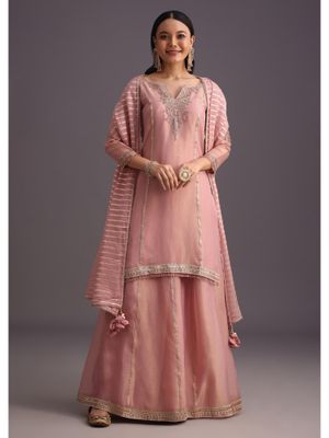 Buy KALKI FASHION Onion Pink Embroidered Kurti with Palazzo & Dupatta ...