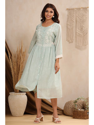Buy NYARO Cotton Viscose Silver Lurex Embroidered Dress For Women Online