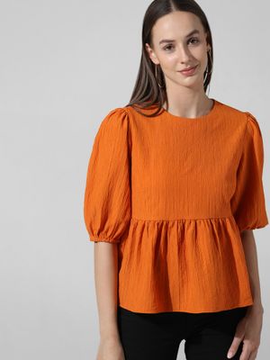Buy ONLY Orange Puff-Sleeved Peplum Top Online