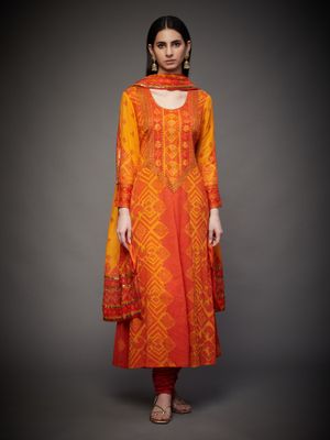 Buy RI.Ritu Kumar Yellow & Orange Phulkari Sequined Kurta With Churidar ...