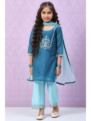 Buy Biba Blue Embroidered Suit (Set of 3) Online