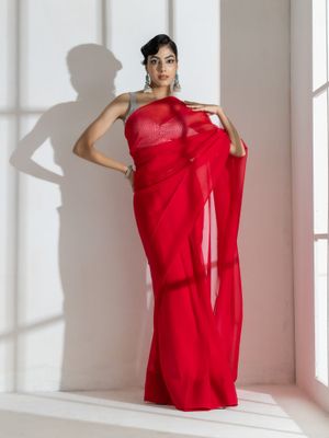 Buy Swtantra Devil Red Soft Organza Saree with Long Beaded Gold Latkan ...
