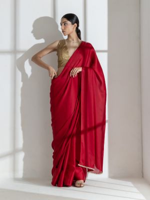 Buy Swtantra Milano Red Satin Saree with Diamond Lace With Unstitched ...