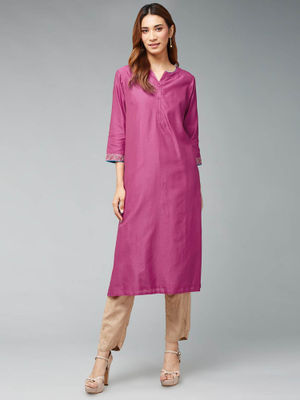 Buy Fabindia Magenta Cotton Silk Thread Work Long Kurta Online