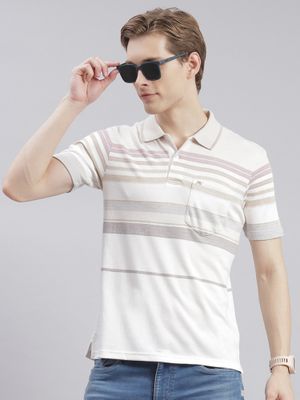 Buy Monte Carlo Cream Striped Polo Collar T-Shirt Online