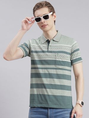 Buy Monte Carlo Green Striped Polo Collar T Shirt Online