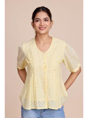 Buy HOUSE OF MIRA Yellow Self Design Schiffli Cotton Peplum Top (M) Online