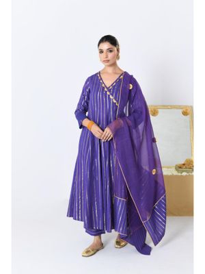 Buy Pink Cactii Chamak Purple Angrakha Anarkali Kurta with Pant and ...