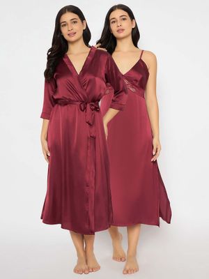 Buy Clovia Chic Basic Padded Long Night Dress And Long Robe In Maroon ...
