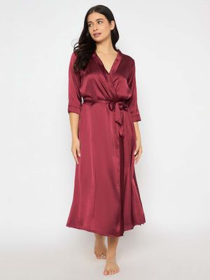 Buy Clovia Satin Solid Long Robe With Belt Maroon (Set of 2) (L) Online