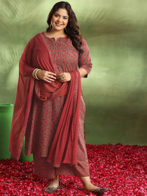Buy Extra Love by Libas Women Rust Floral Kurta with Palazzo and ...