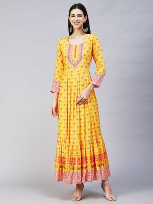 Buy FASHOR Floral Printed Hand Embroidered Pleated Maxi Dress Yellow Online