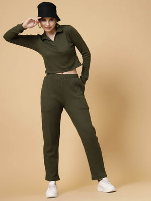 Buy Rigo Women Olive Waffle Solid Co-Ord (Set of 2) Online