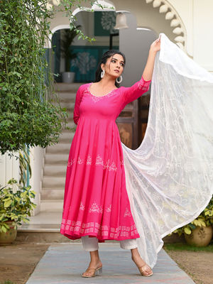 Buy Indi Inside Block Printed Anarkali Kurta Pant with Dupatta (Set of ...