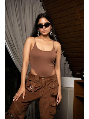Buy COLOR CAPITAL Brown Ribbed High Cut Bodysuit Online