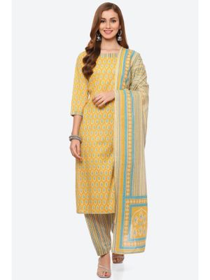 Buy Biba Yellow Cotton Unstitched Suit (Set of 3) Online