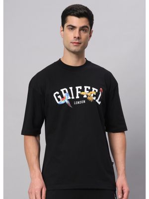 Buy Griffel Black Birds Drop Shoulder Oversized Black T-Shirt Online