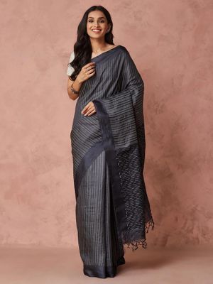 Buy Fabindia Black Silk Blend Woven Saree without Blouse Online