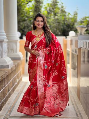 Buy Vedant Vastram Soft Litchi Silk Banarasi Red Saree with Unstitched ...