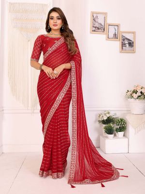 Buy Vedant Vastram Georgette Sequin Work Red Saree with Unstitched ...
