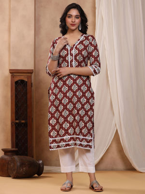 Buy Baisacrafts Bahaar Maroon Block print Kurti with Crochet lace Online