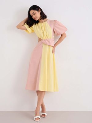 Buy Styli Yellow Colorblock A-Line Dress (S) Online