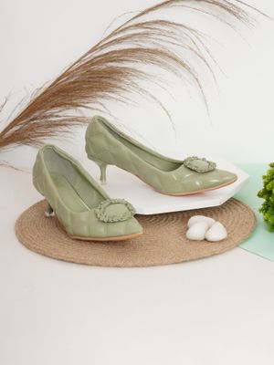 Buy SHUZ TOUCH Textured Kitten Heel Green Pumps Online