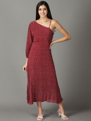 Buy SHOWOFF Womens Printed Asymmetric Neck Maroon Maxi Dress Online